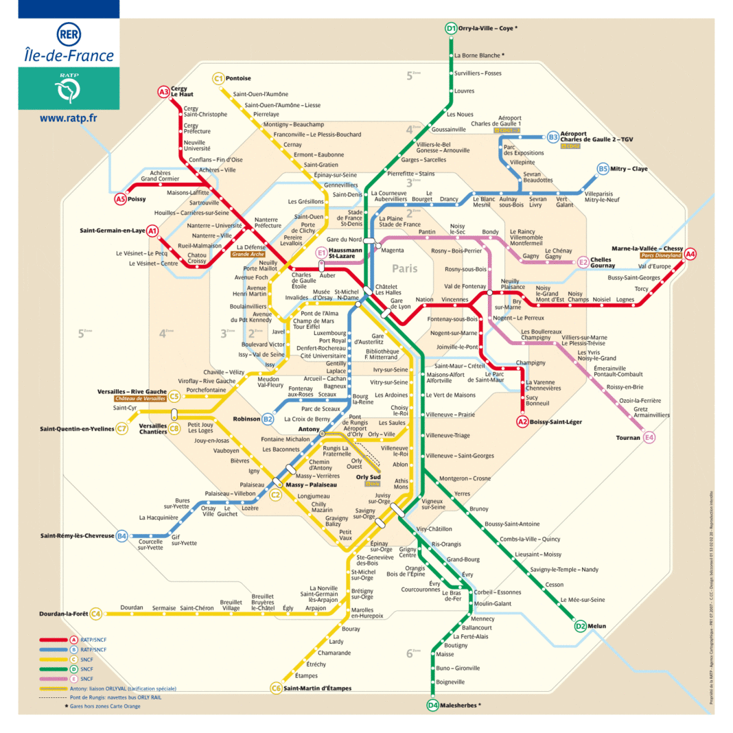Le 5 zone tariffarie di Parigi: MAPPA (Metro e RER)